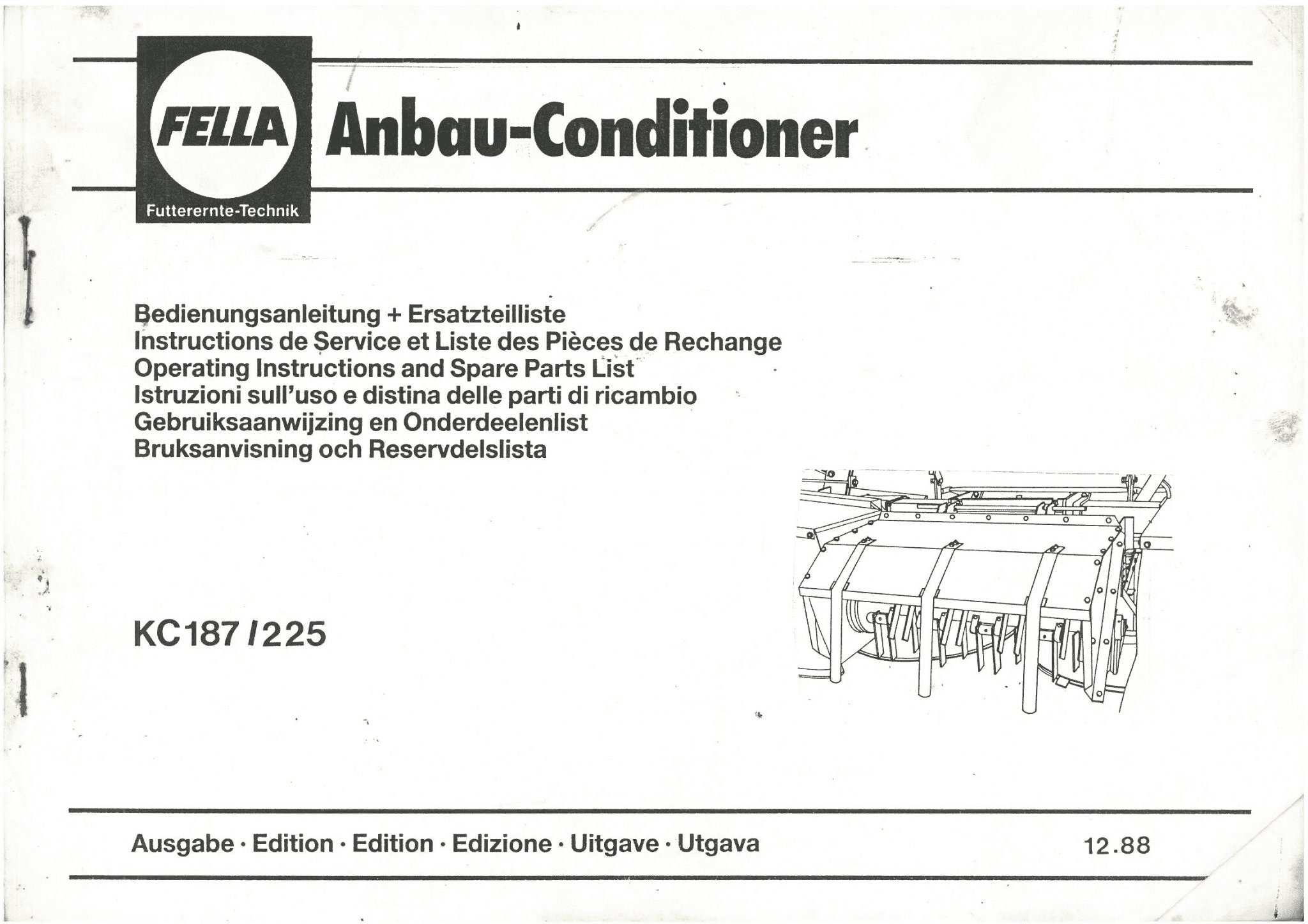 Fella Mower Conditioner KC187 KC225 Operators Manuals With Parts List ...