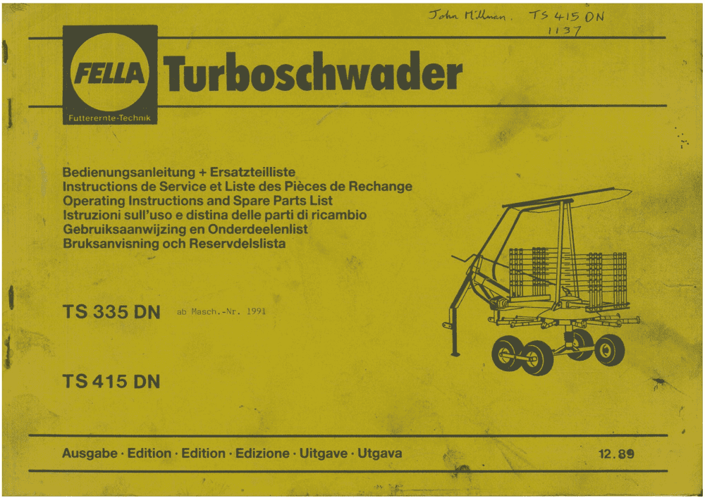 Fella Rake TS335DN & TS415DN Operators Manual & Parts List - TS335 TS415 DN
