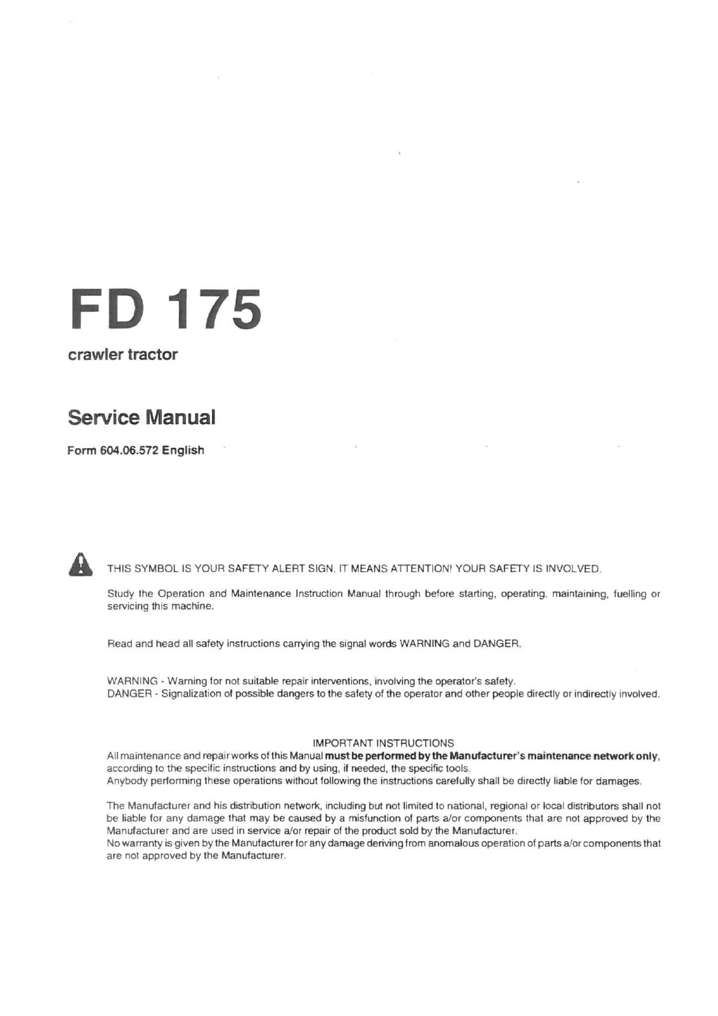 Fiat Allis Crawler Dozer FD175 Workshop Service Manual - FD 175
