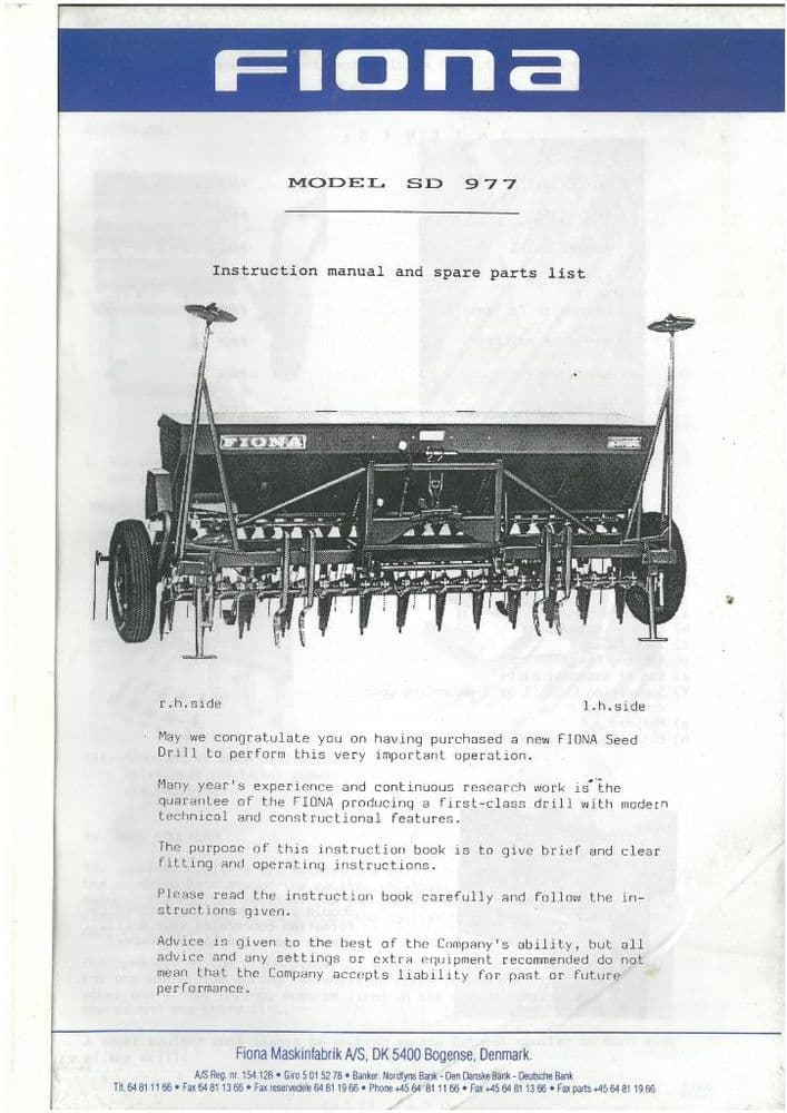 Fiona Seed Drill SD977 Operators Manual and Parts List - SD 977