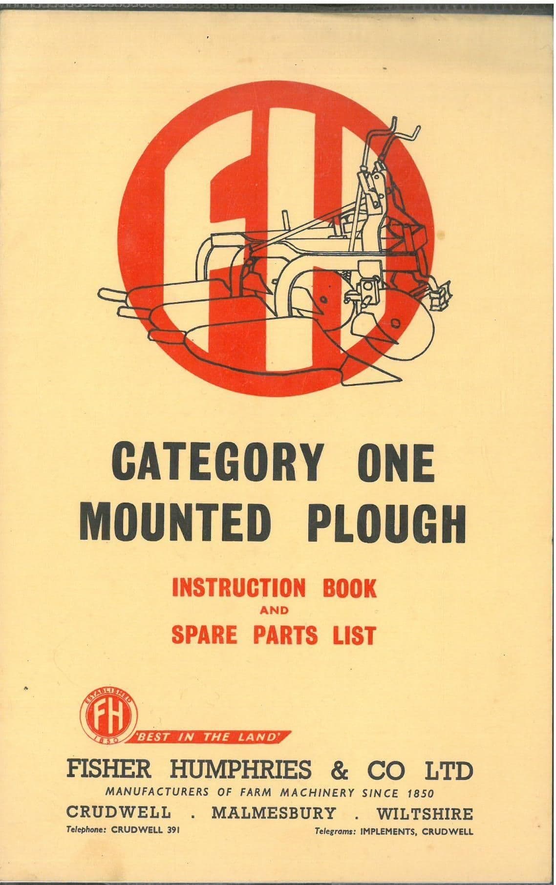 Fisher Humphries Cat One Plough Operators Manual and Parts List