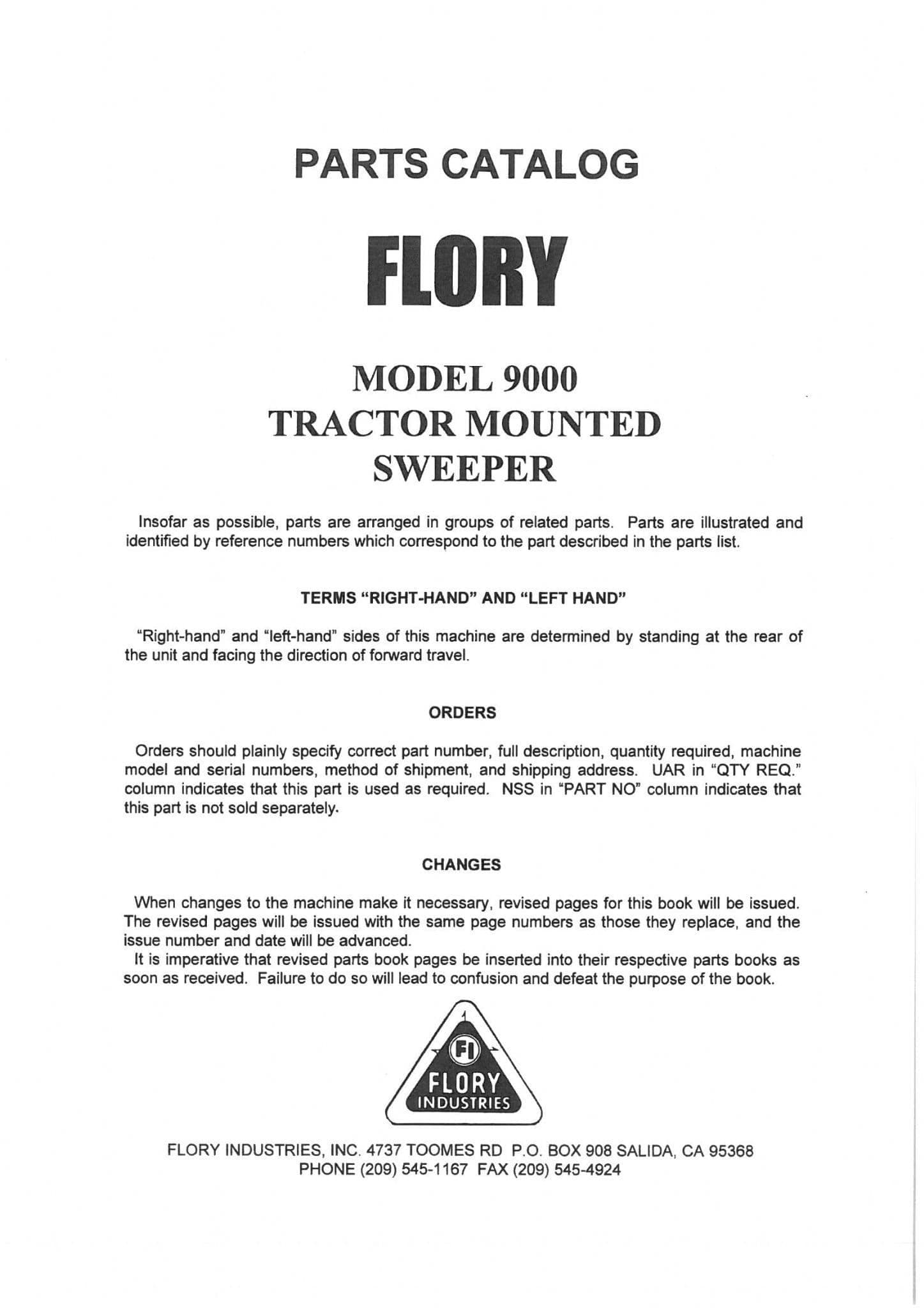 Flory Tractor Mounted Sweeper 9000 Parts Manual