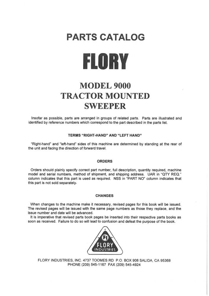 Flory Tractor Mounted Sweeper 9000 Parts Manual