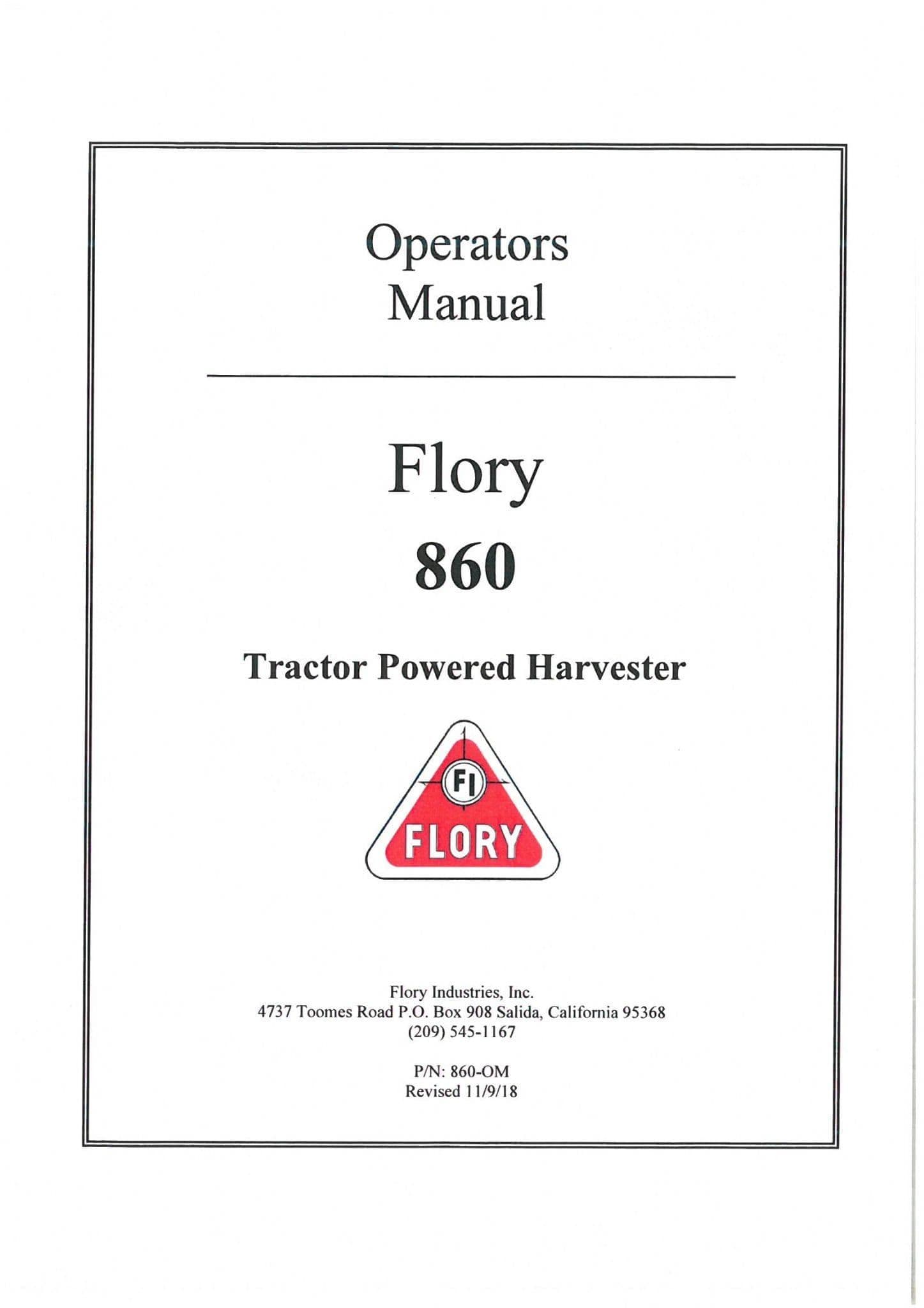 Flory Tractor Powered Harvester 860 Operators Manual