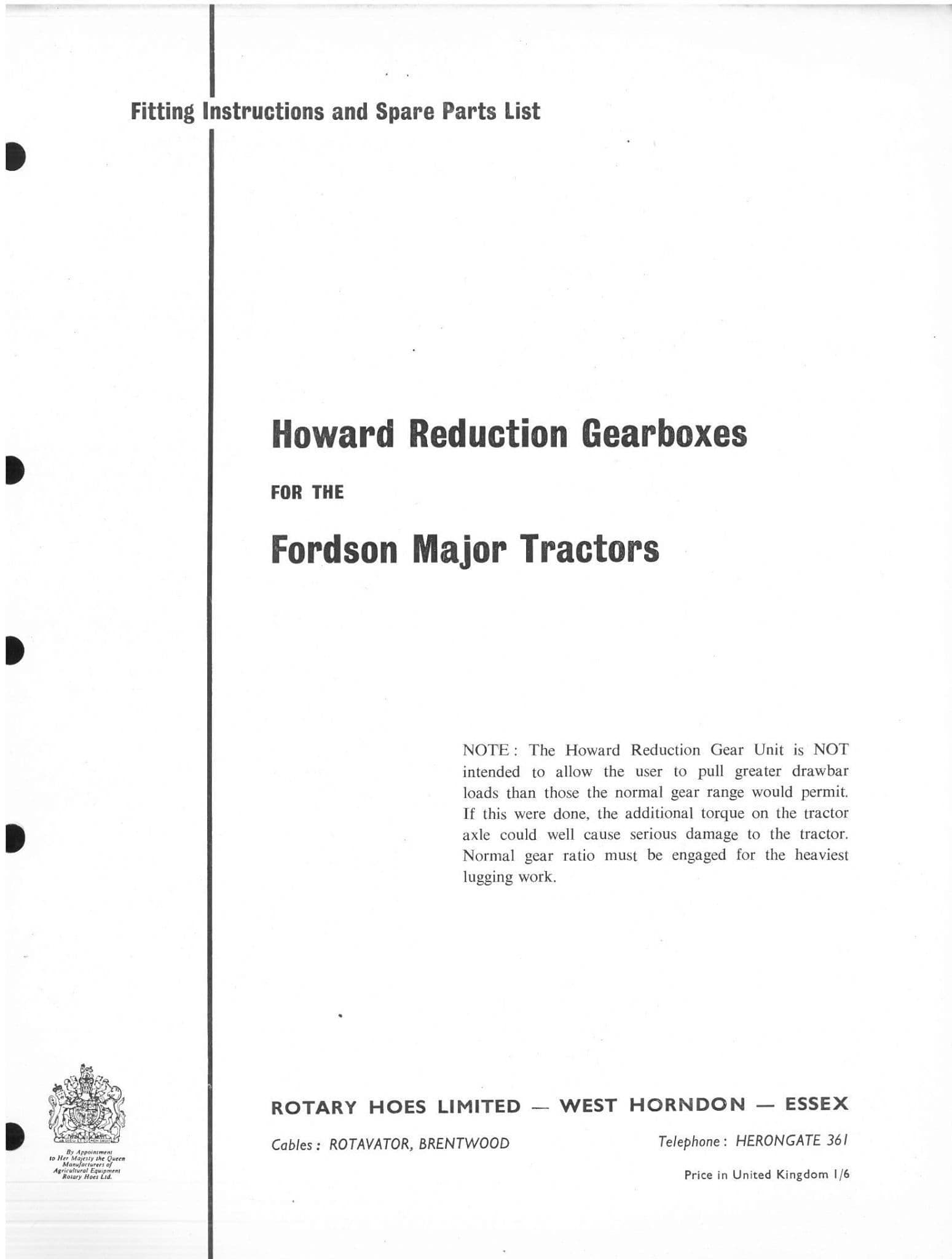 Fordson Major Tractor Howard Reduction Gearbox Fitting Instructions ...