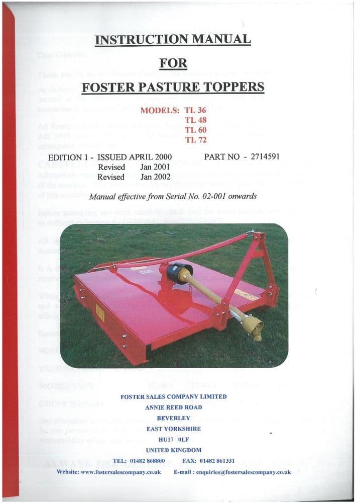 Foster Pasture Topper - Models TL36 TL48 TL60 TL72 Operators Manual