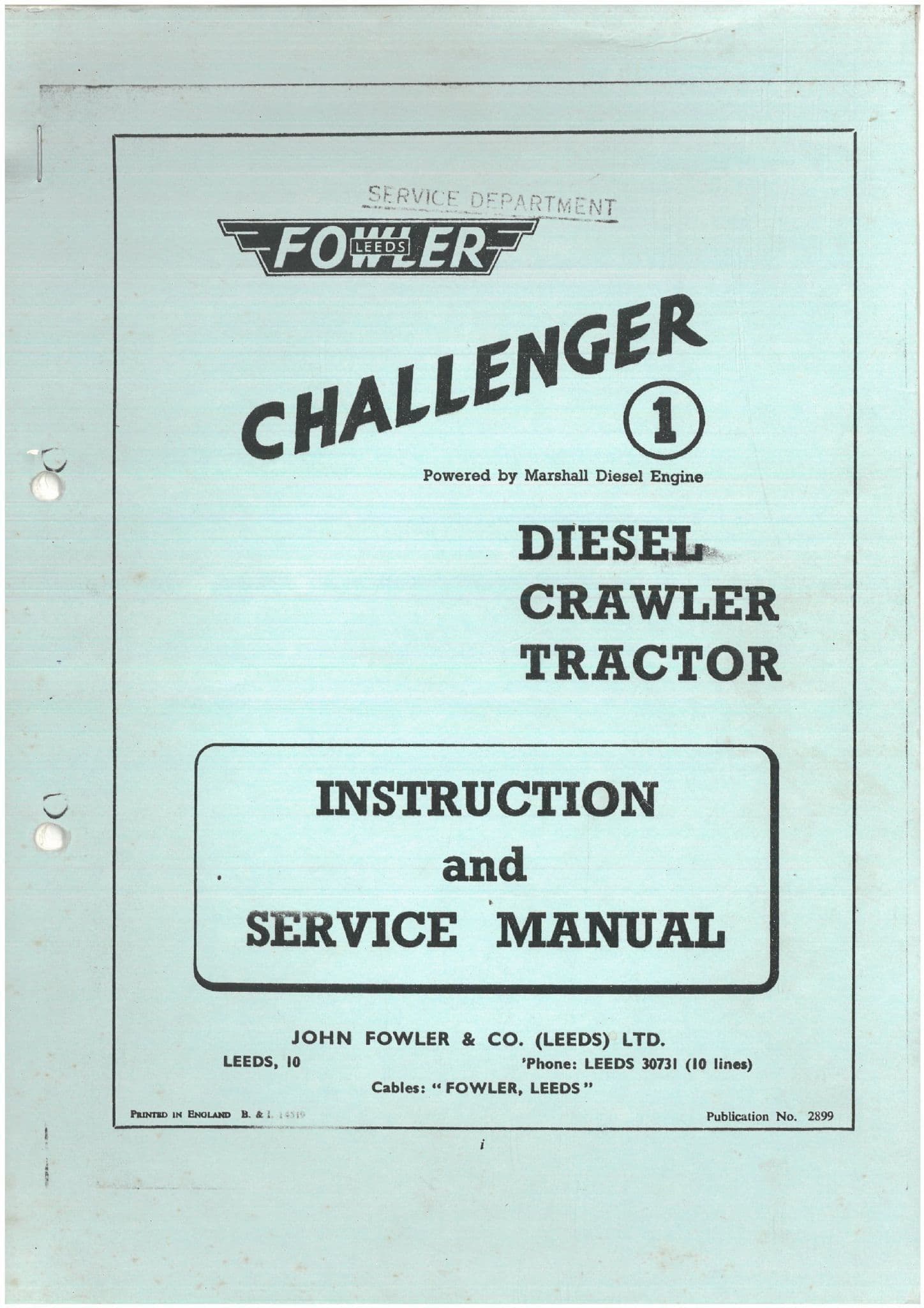 Fowler Diesel Crawler Tractor Challenger 1 Operators Manual