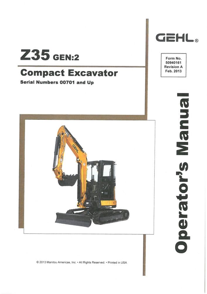 Gehl Compact Excavator Model Z35 Gen 2 Operators Manual Z 35