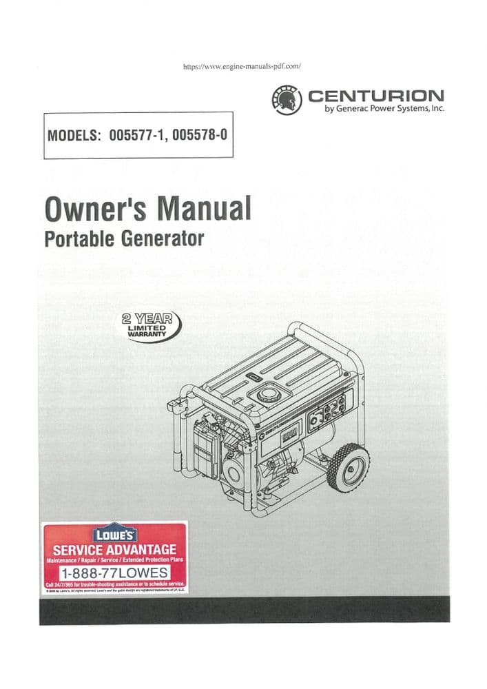 Generac Centurion Portable Generator 005577-1 005578-0 Operators Manual