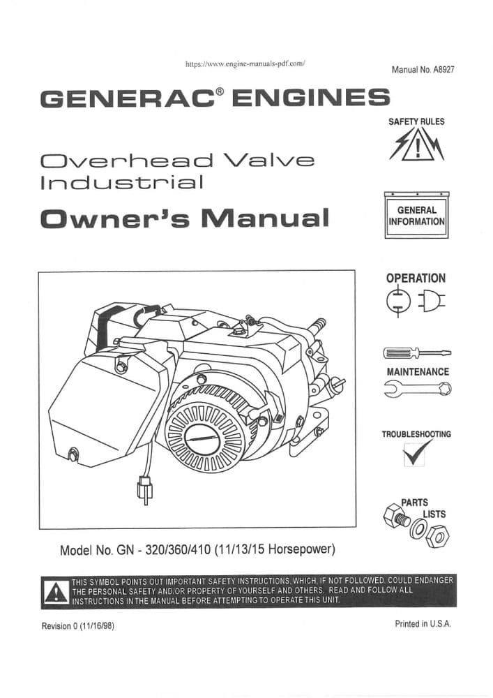 Generac Overhead Valve Industrial Engine GN320 GN360 GN410 Operators Manual