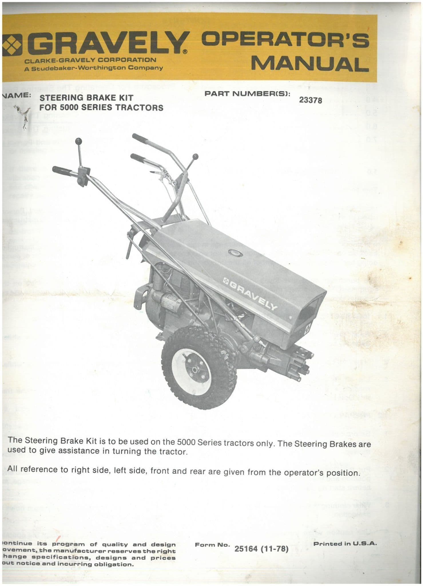 Gravely Steering Brake Kit for 5000 Series Tractors Operators Manual