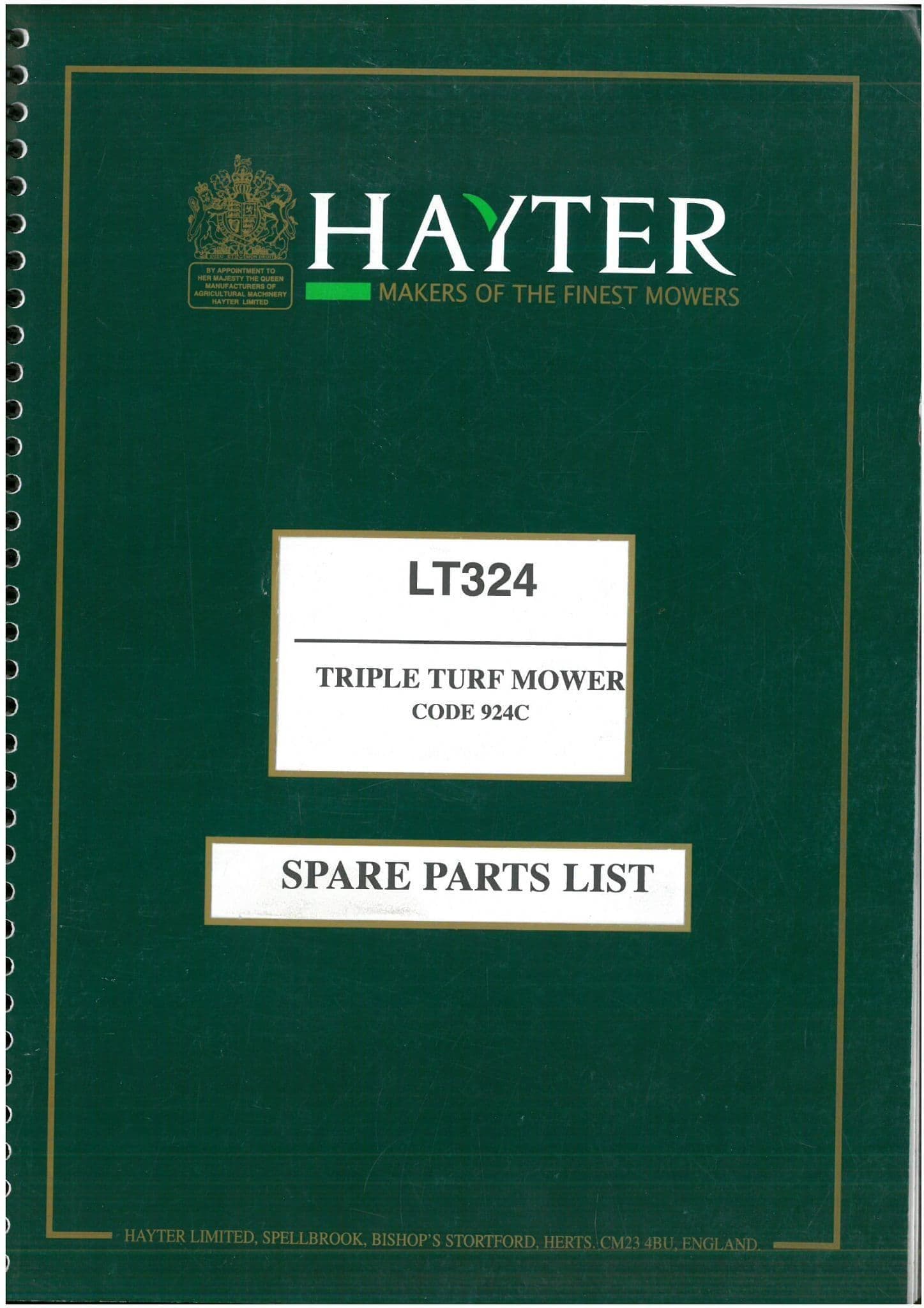 Hayter Triple Turf Mower LT324 Parts Manual - LT 324
