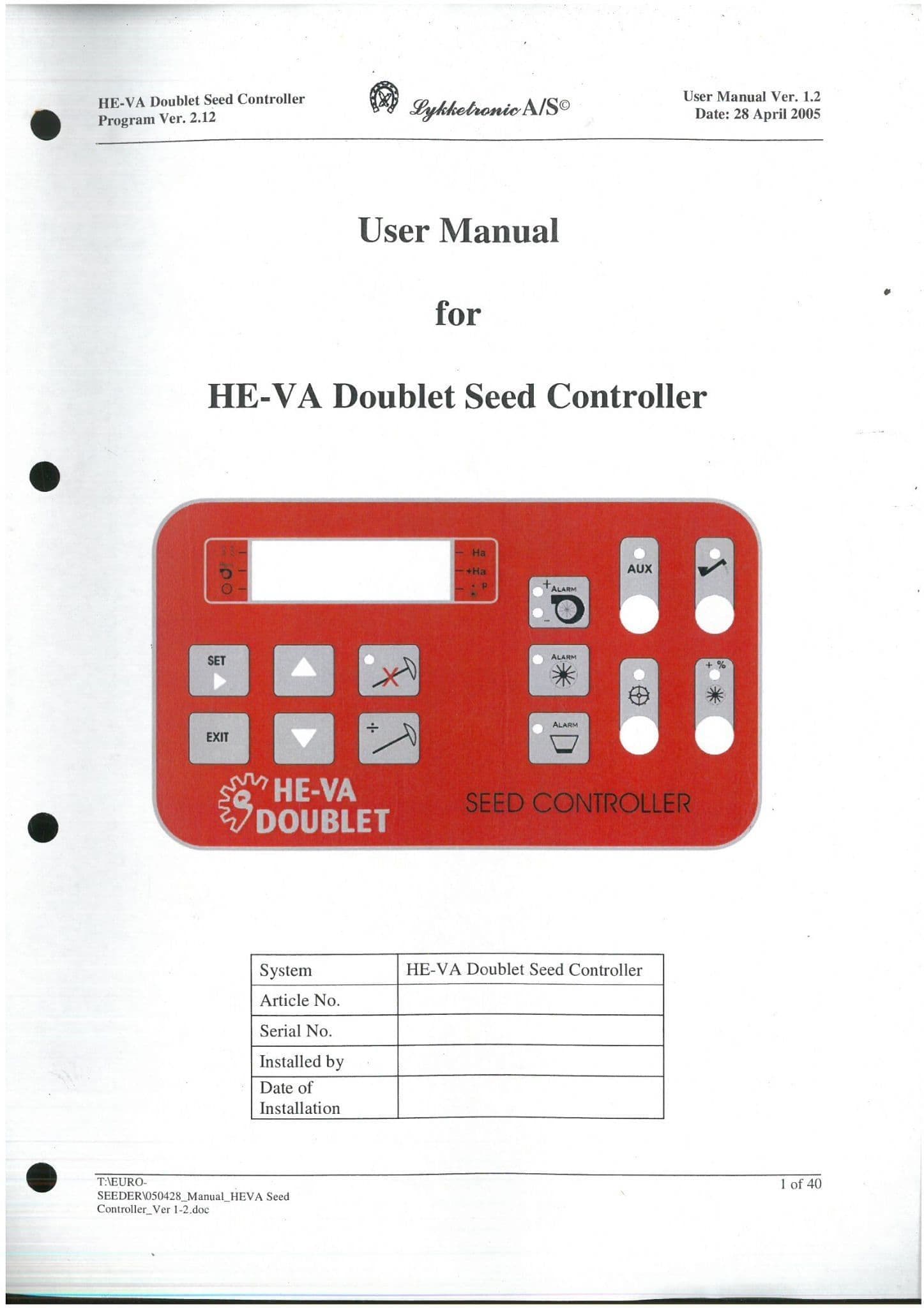 He-Va Seed Drill Terra Seeder 3m 4m 5m 6m plus Seed Controller Unit Operators Manual with Parts List