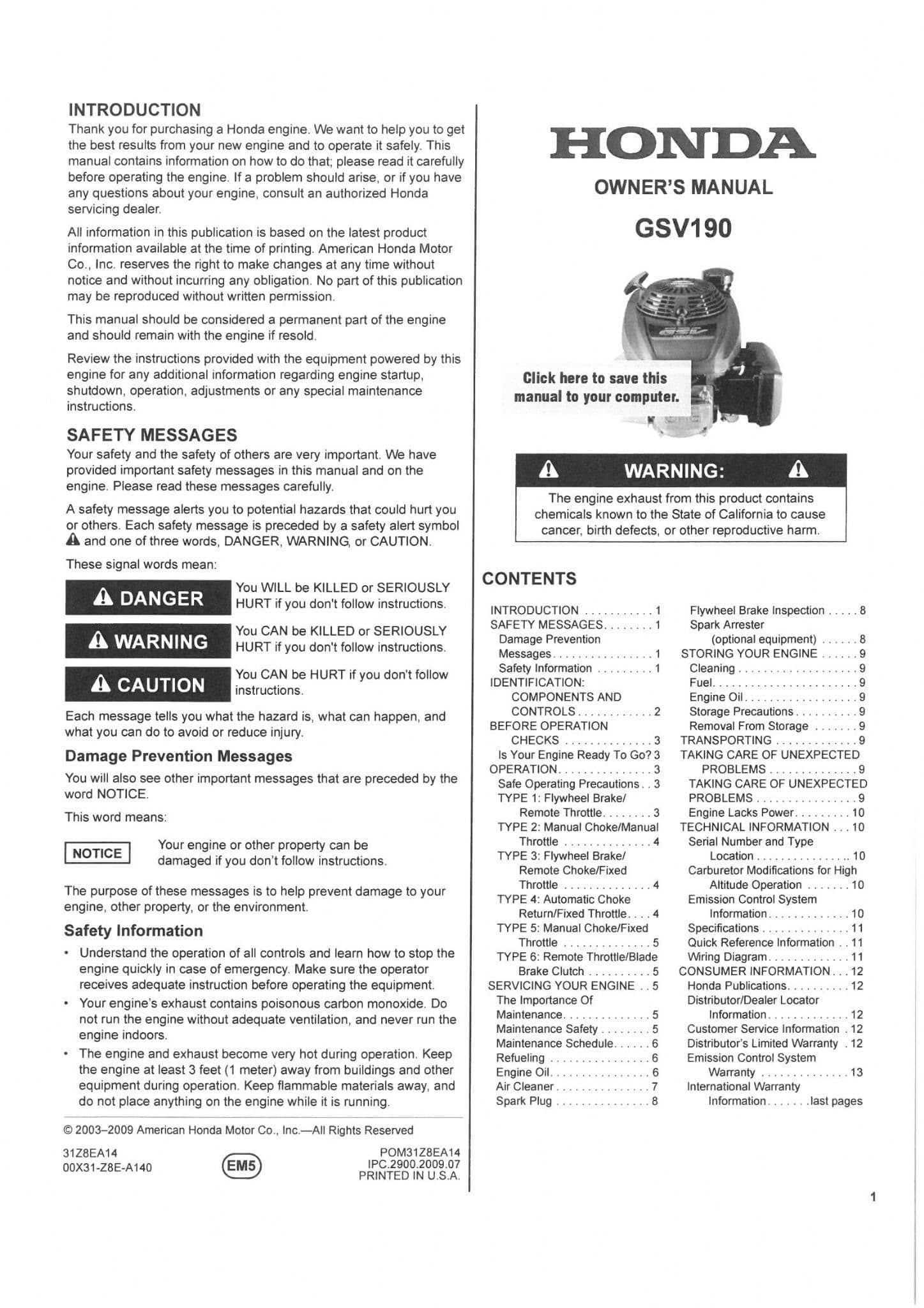 Honda Engine GSV190 Operators Manual