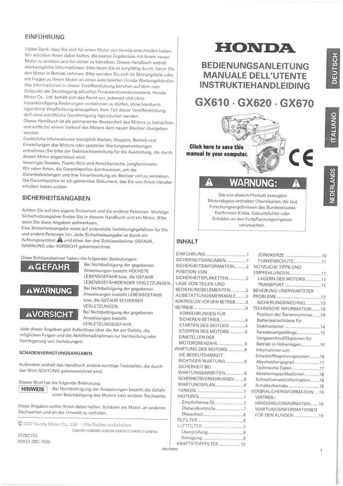 Honda Engine GX610 GX620 GX670 Dutch Italian and German Operators Manual
