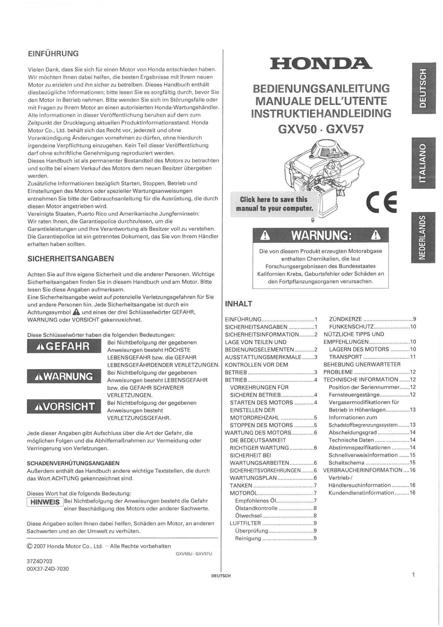 Honda Engine GXV50 GXV57 Operators Manual