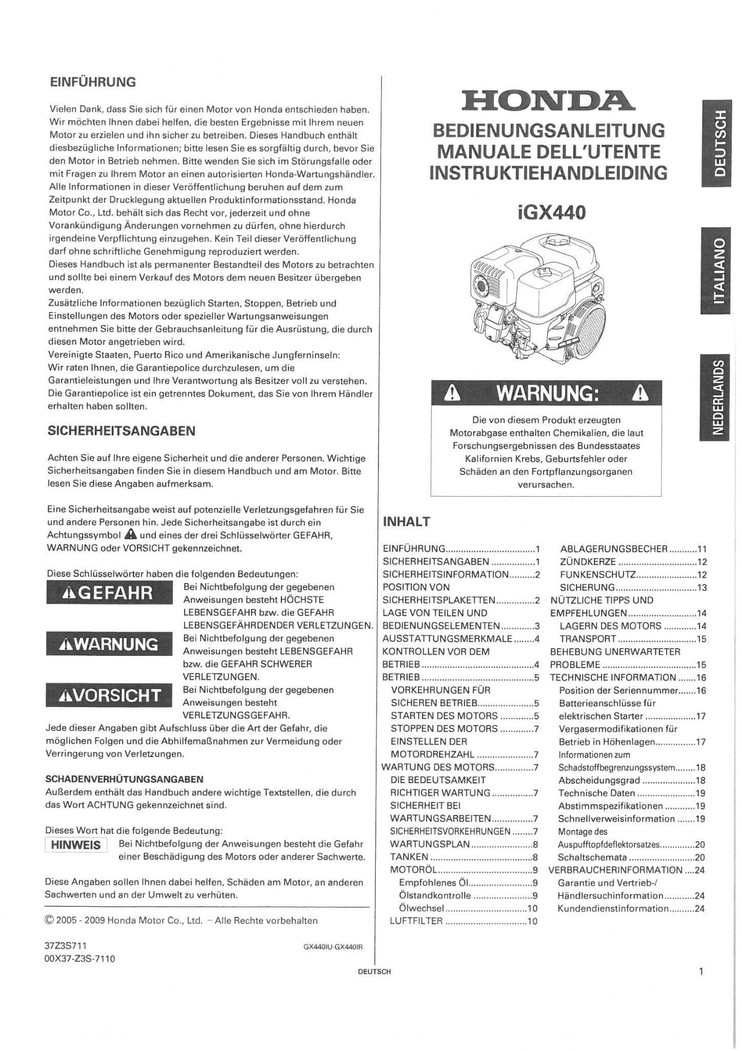 Honda Engine IGX440 Operators Manual
