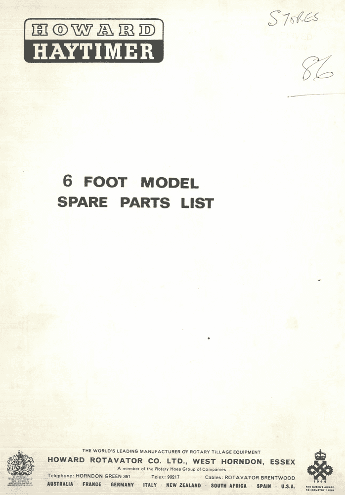 Howard Haytimer Mower 6Ft Parts Manual
