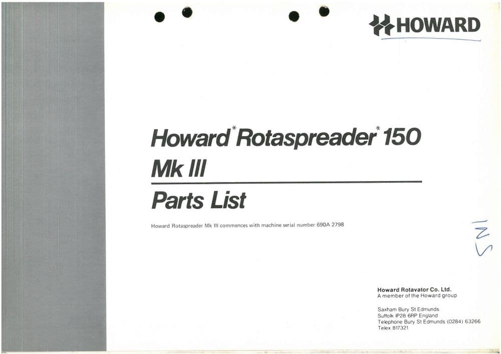 Howard Rotaspreader 150 Mk III Parts Manual