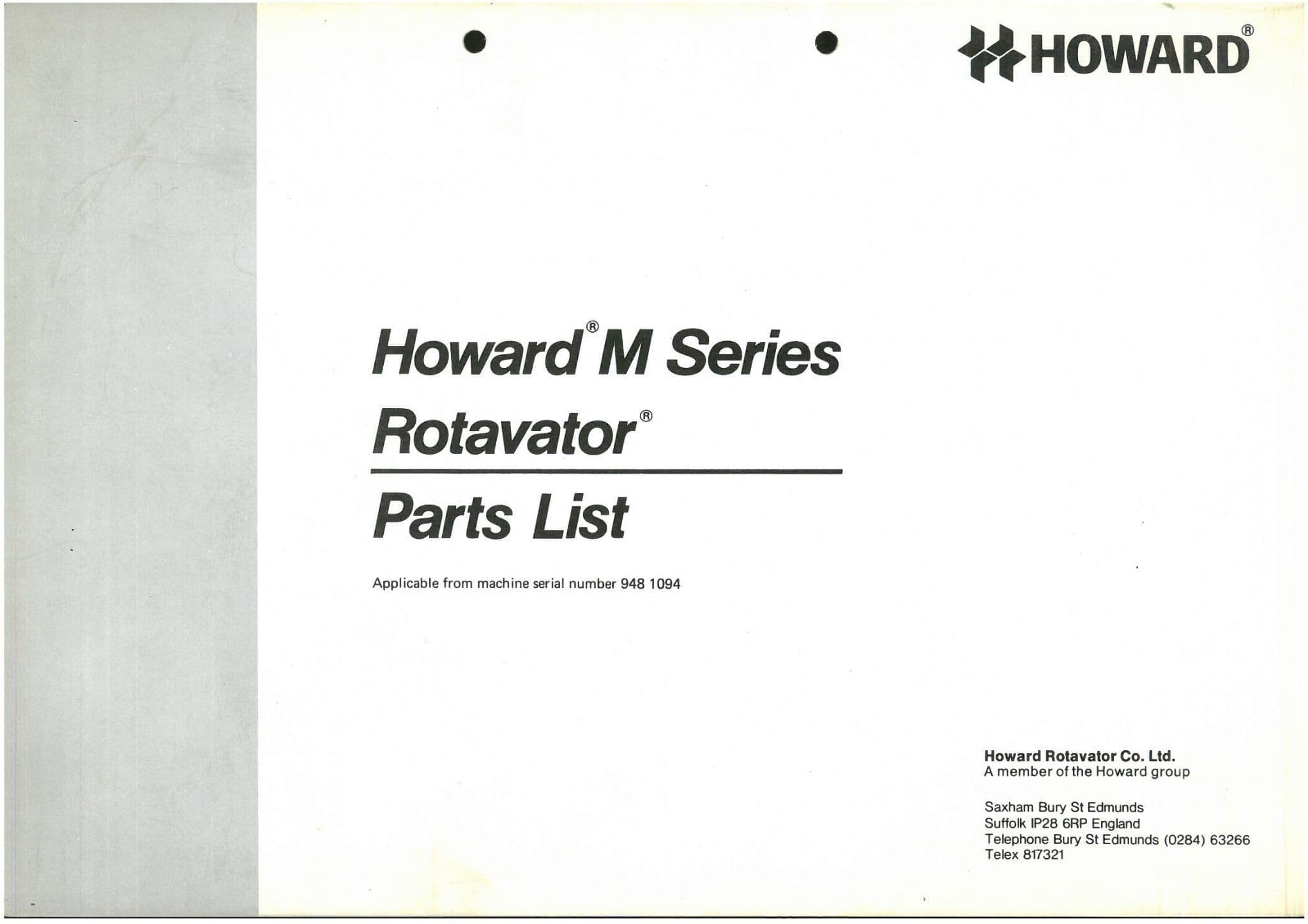 Howard Rotavator M Series 80" 100" 130" Parts Manual M80 M100 M130