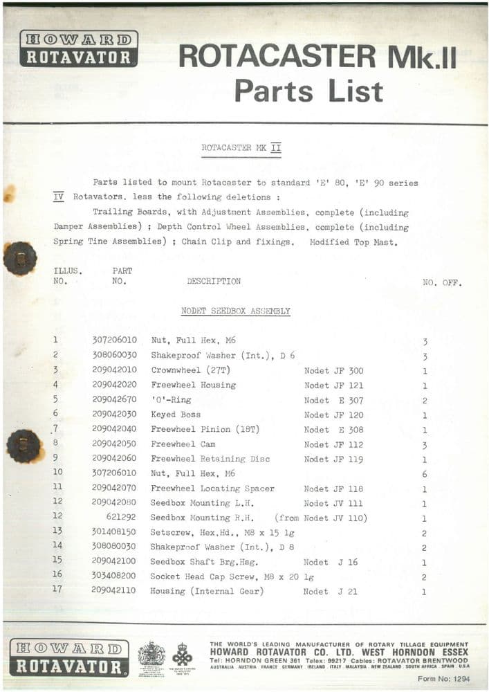 Howard Rotavator Rotacaster MkII E80 E90 Series IV Parts Manual