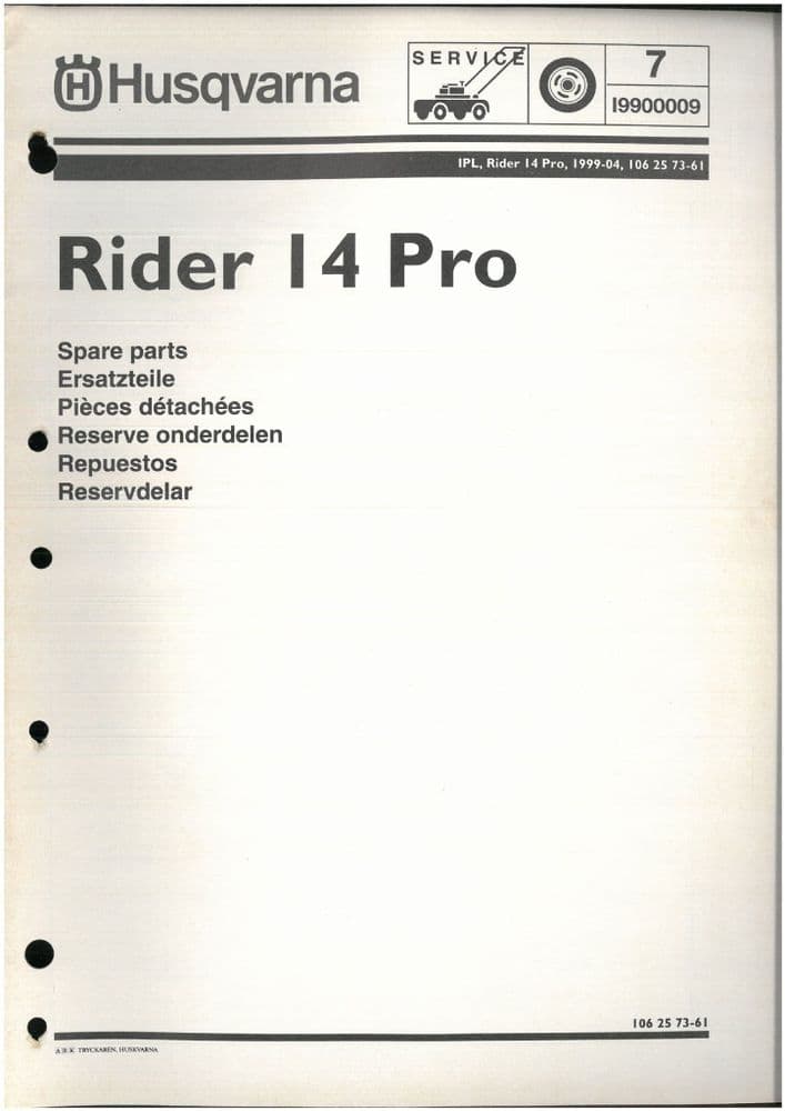 Husqvarna Ride on Garden Tractor Mower Rider 14 Pro Parts Manual