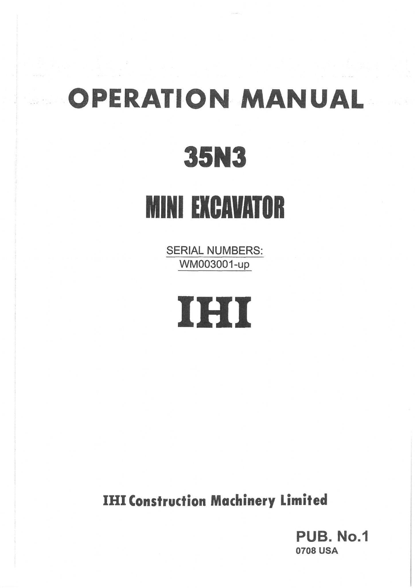 IHI Mini Excavator 35N3 Operators Manual