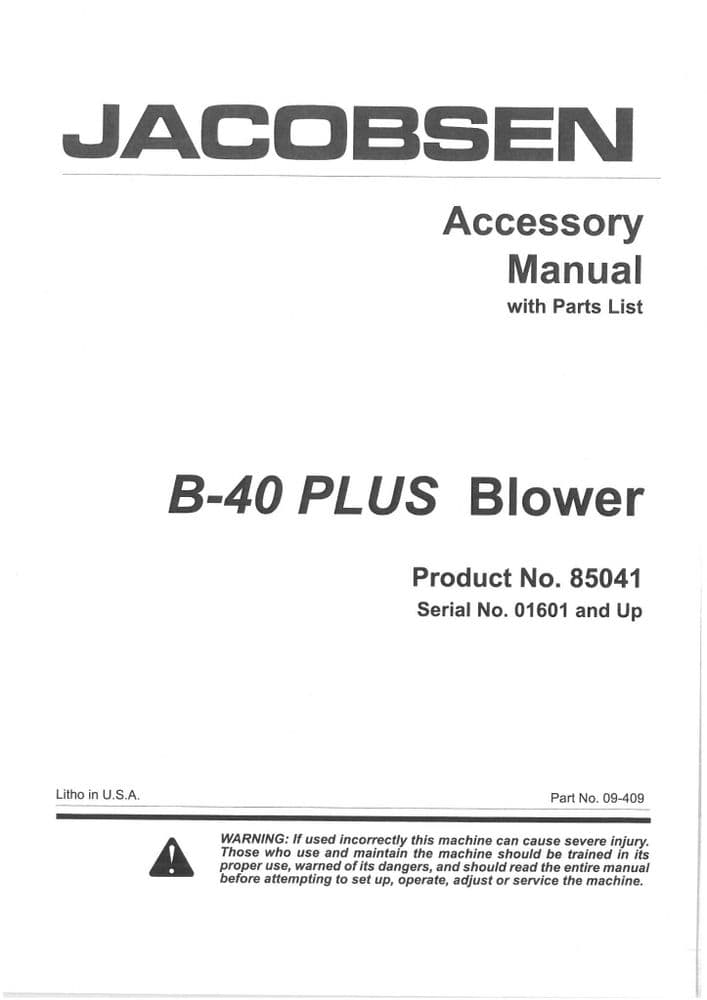 Jacobsen Blower B40 Plus Operators Manual and Spare Parts List - B 40