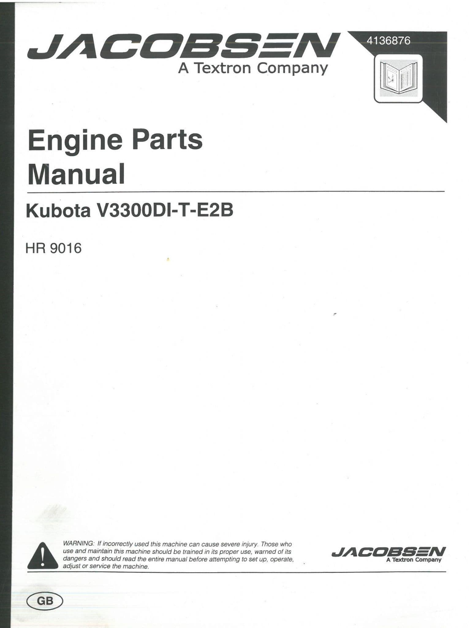 Jacobsen Kubota V3300DI-T-E2B Parts Manual
