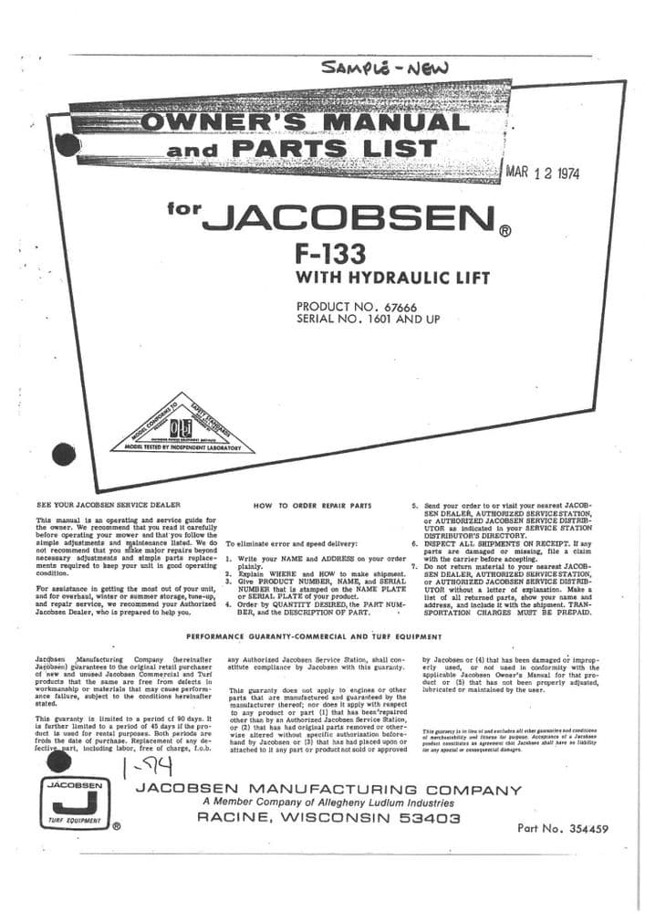 Jacobsen Reel Mower F133 Operators Manual Parts List - F 133
