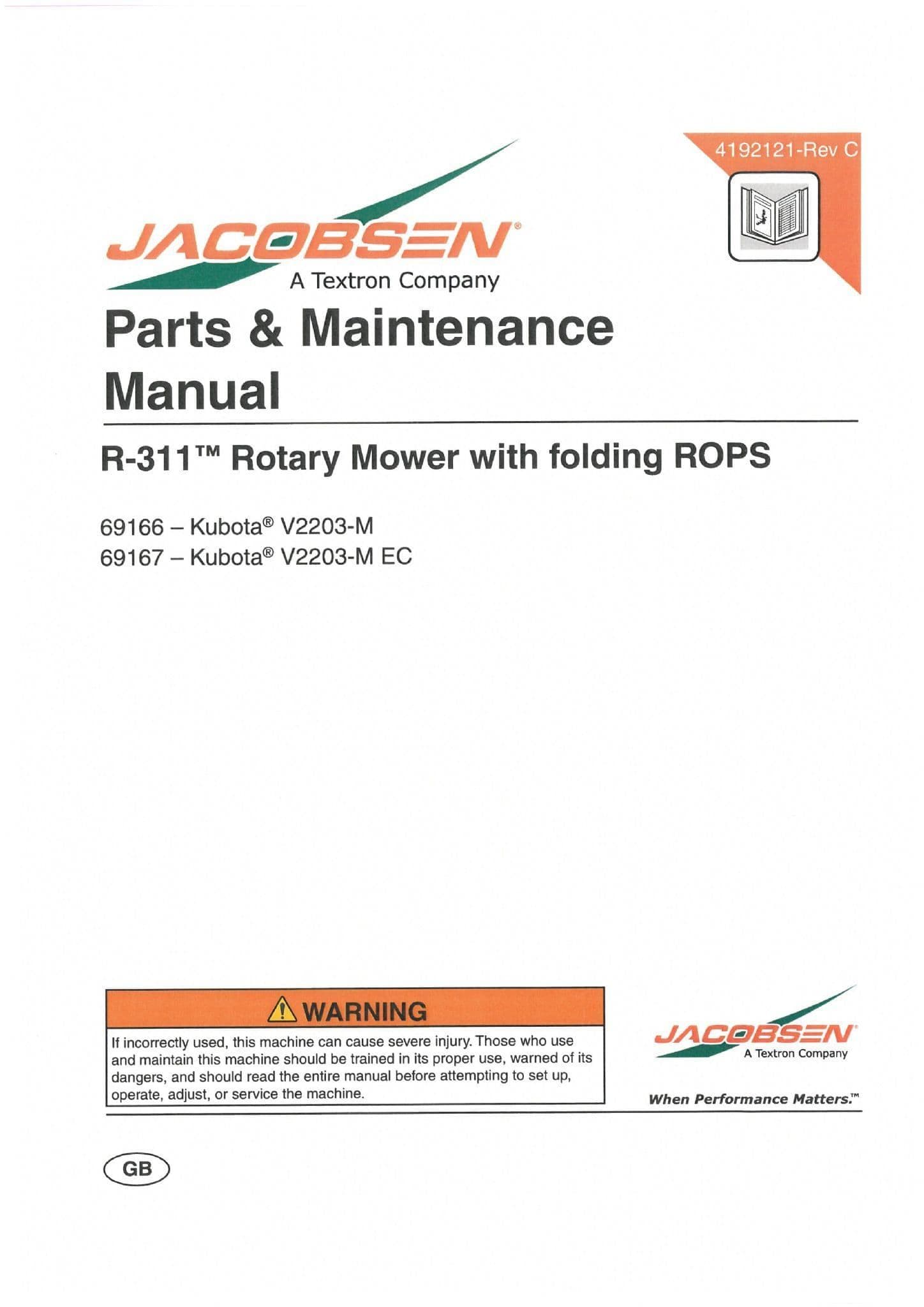 Jacobsen Rotary Mower R311 Operators Manual And Spare Parts List - R 311
