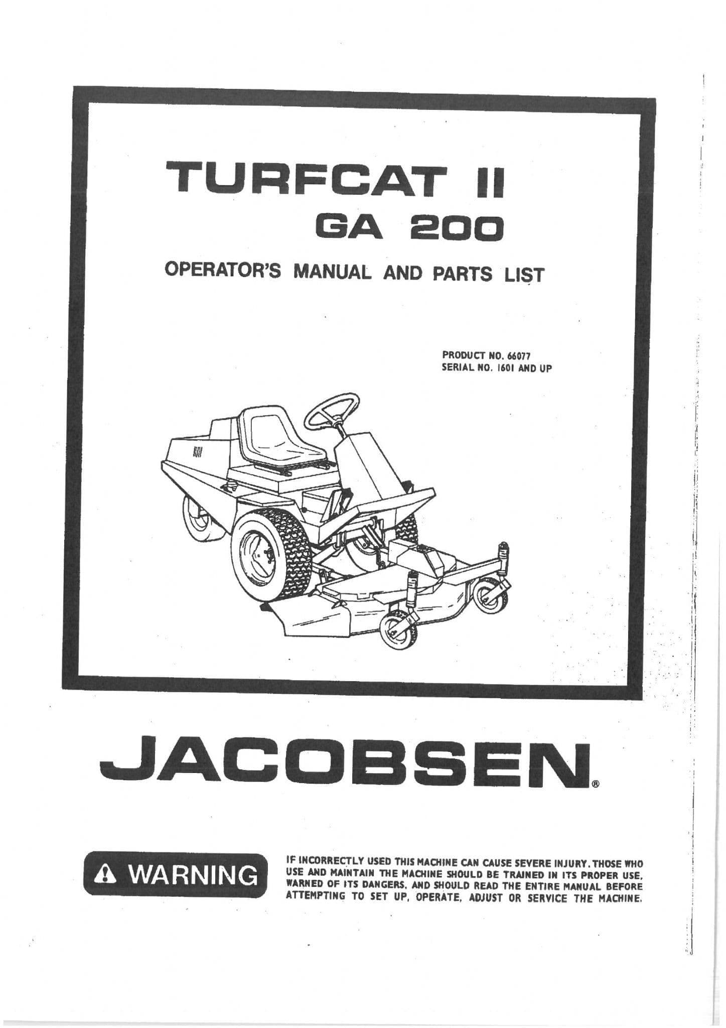 Jacobsen Turfcat II GA 200 Operators Manual & Parts List -GA200