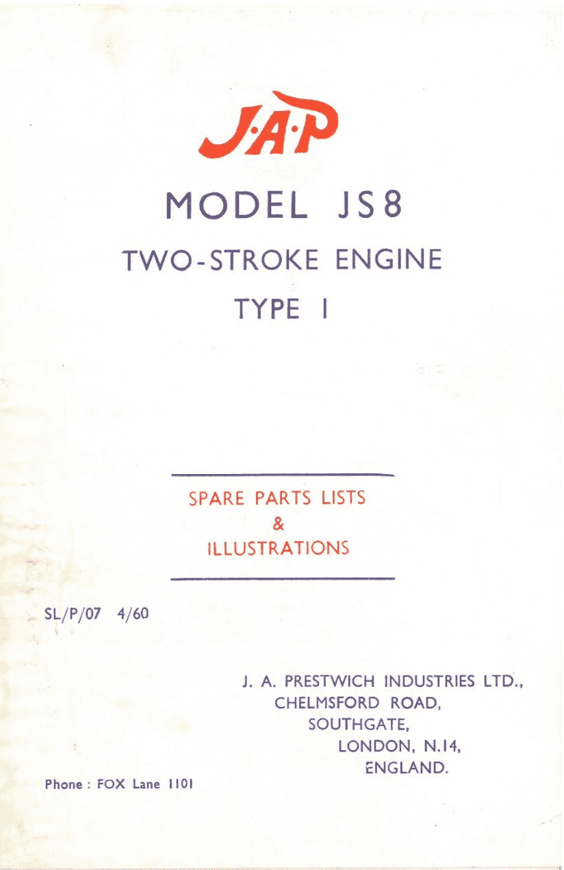JAP Engine Two Stroke Models J S 8 Type 1 Parts Manual