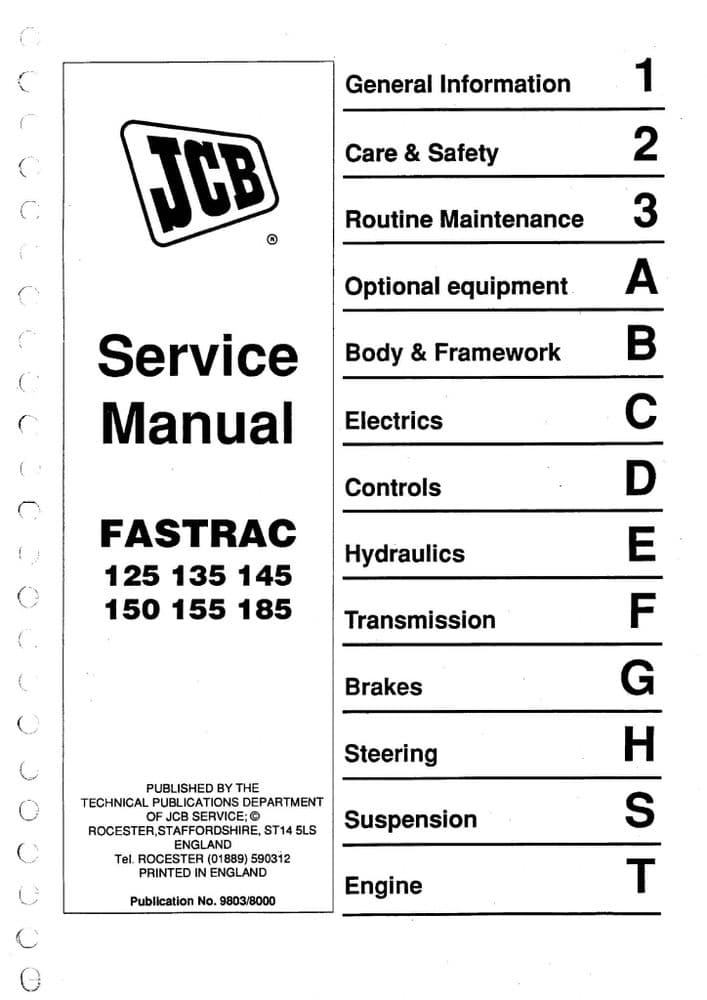 JCB Tractor Fastrac 125 135 145 150 155 185 Service Workshop Manual