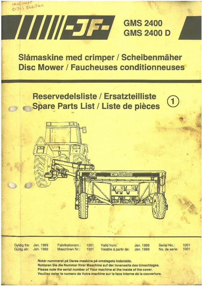 JF Disc Mower GMS2400 GMS2400D Parts Manual