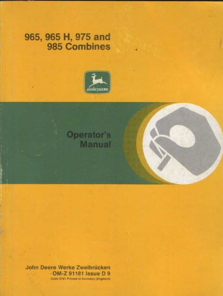 John Deere Combine 965 965H 975 985 Operators Manual