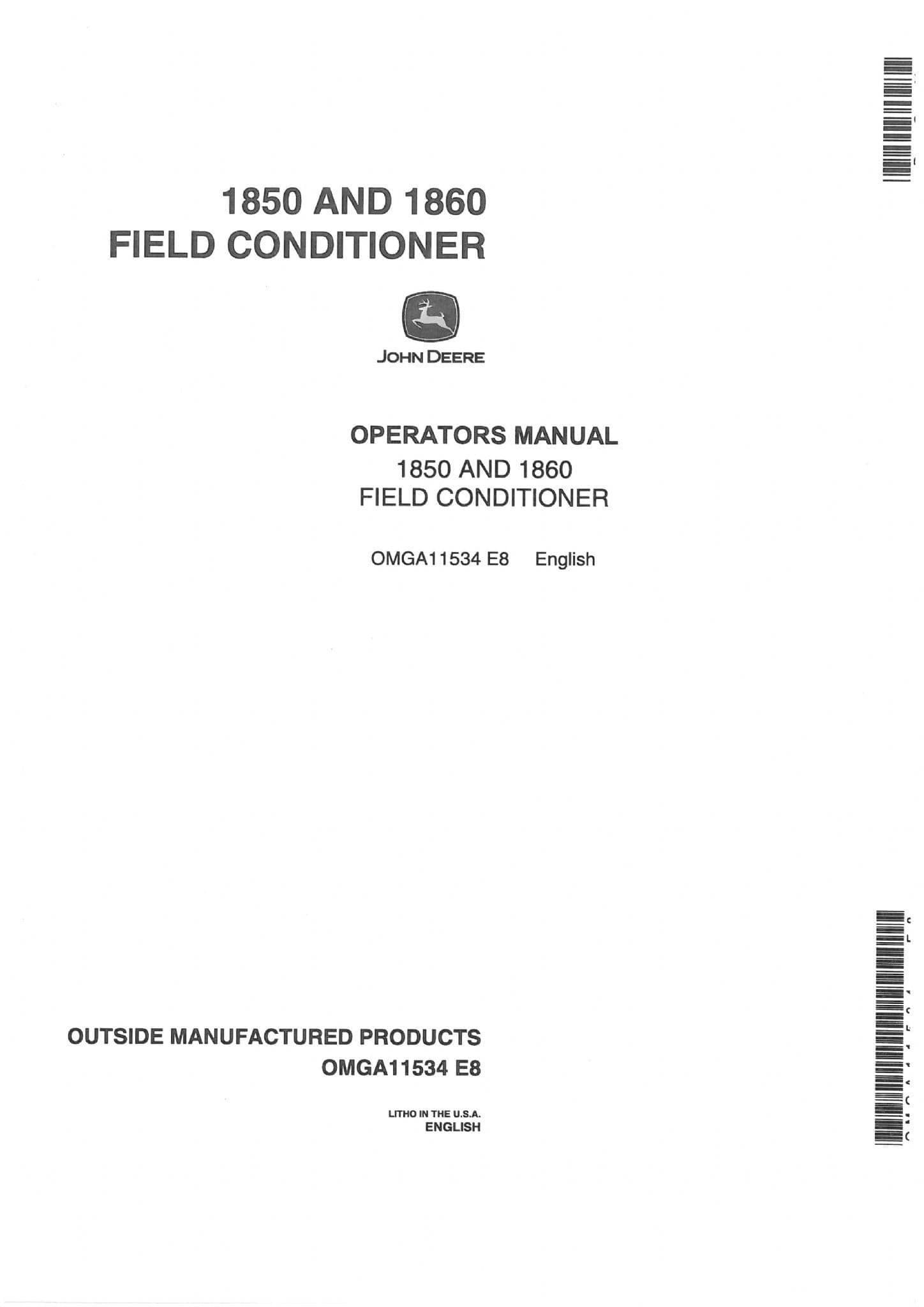John Deere Field Conditioners 1850 1860 Operators Manual