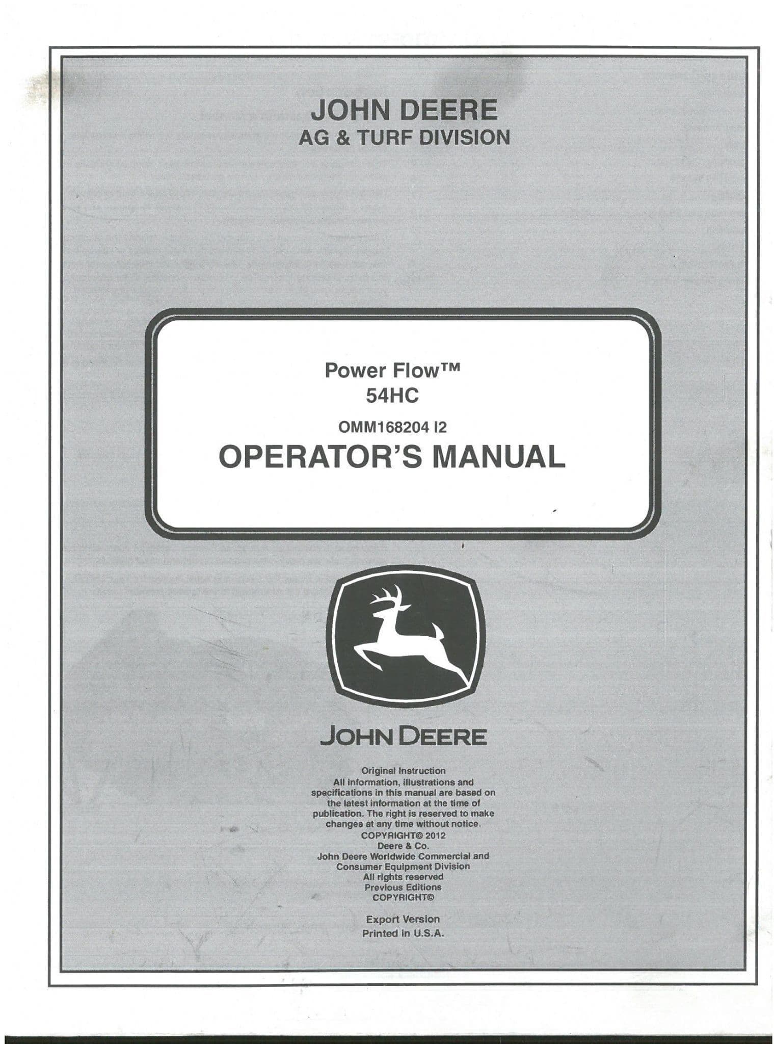 John Deere Power Flow 54HC Operators Manual