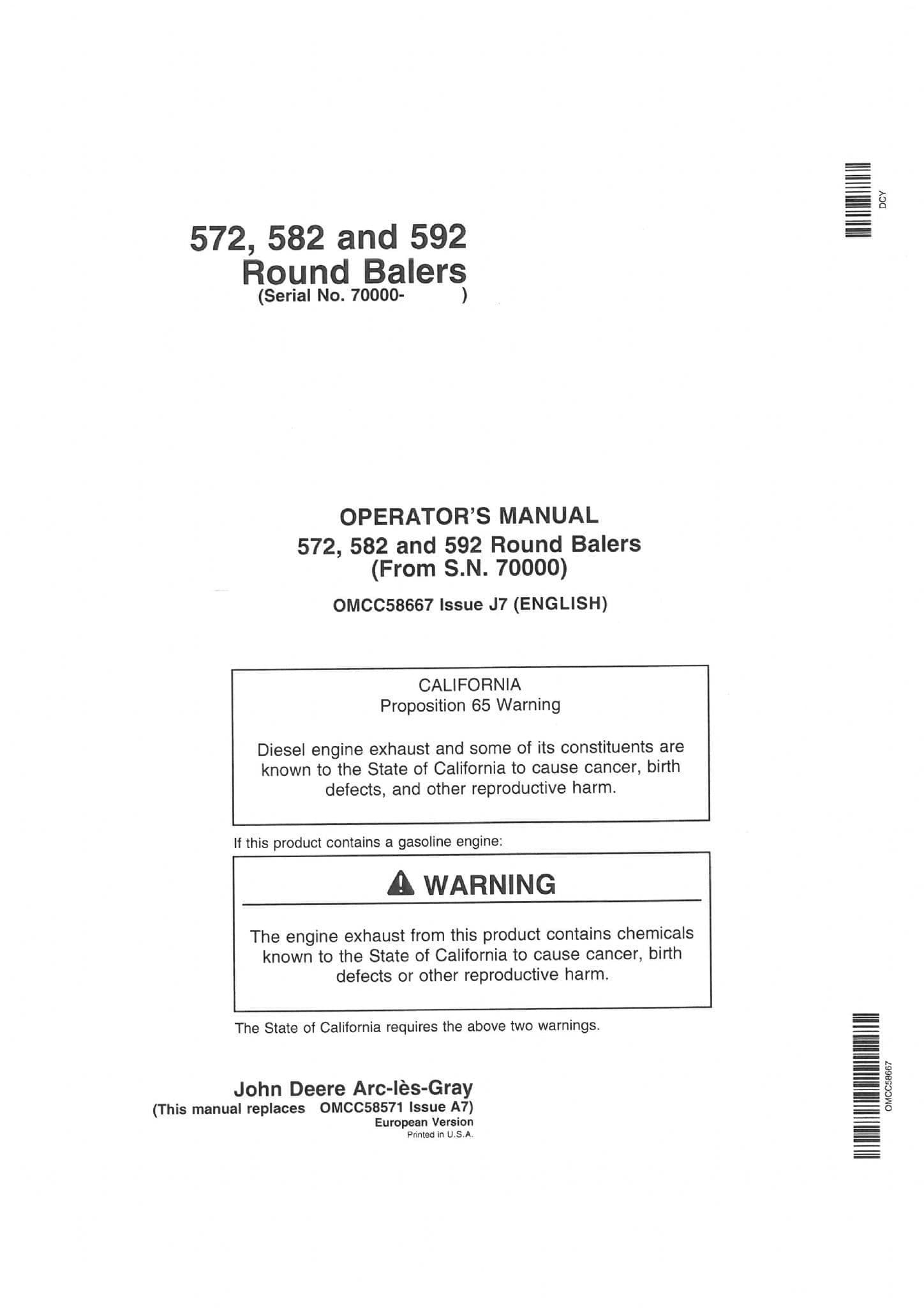 John Deere Round Baler 572 582 592 Operators Manual