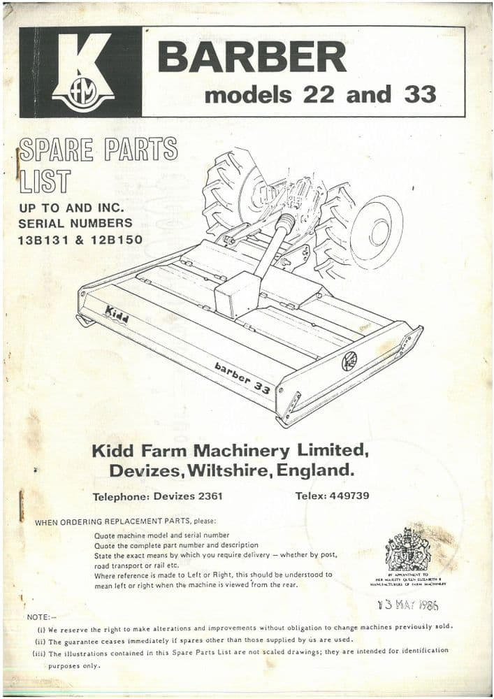 Kidd Barber Pasture Topper - Models 22 & 33 Parts Manual