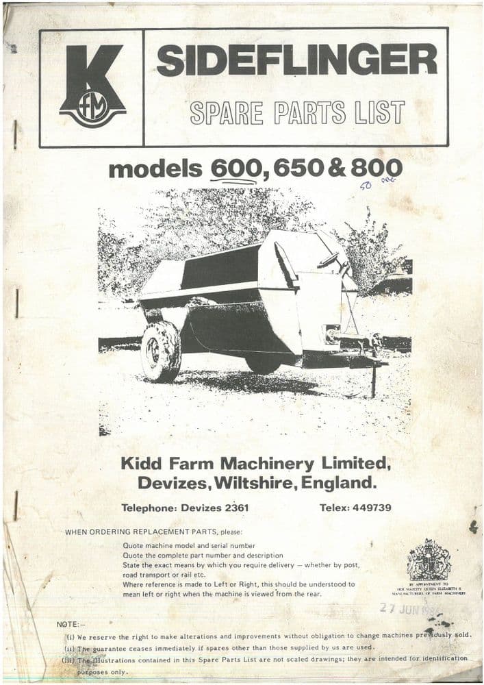 Kidd Sideflinger Muck Spreader Models - 600 650 & 800 Parts Manual
