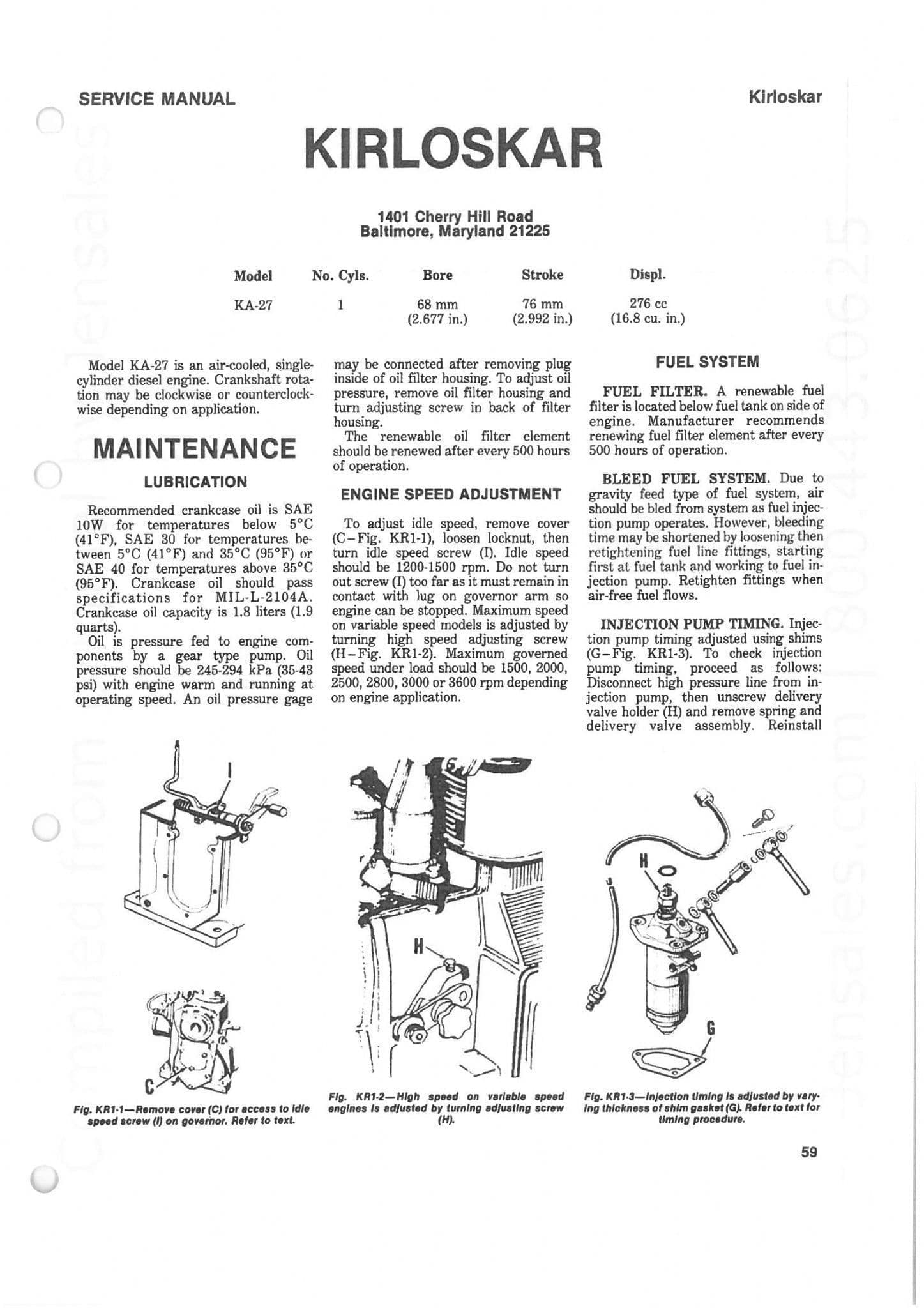 Kirloskar Small Diesel Engine Model KA27 I&T Workshop Manual