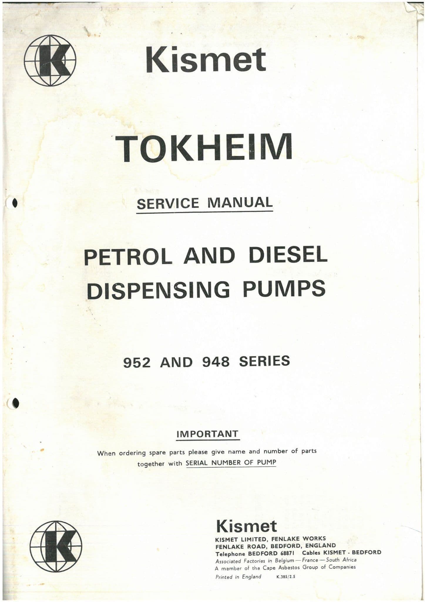 Kismet Tokheim 952 948 Series Dispensing Pumps - Workshop Service Manual