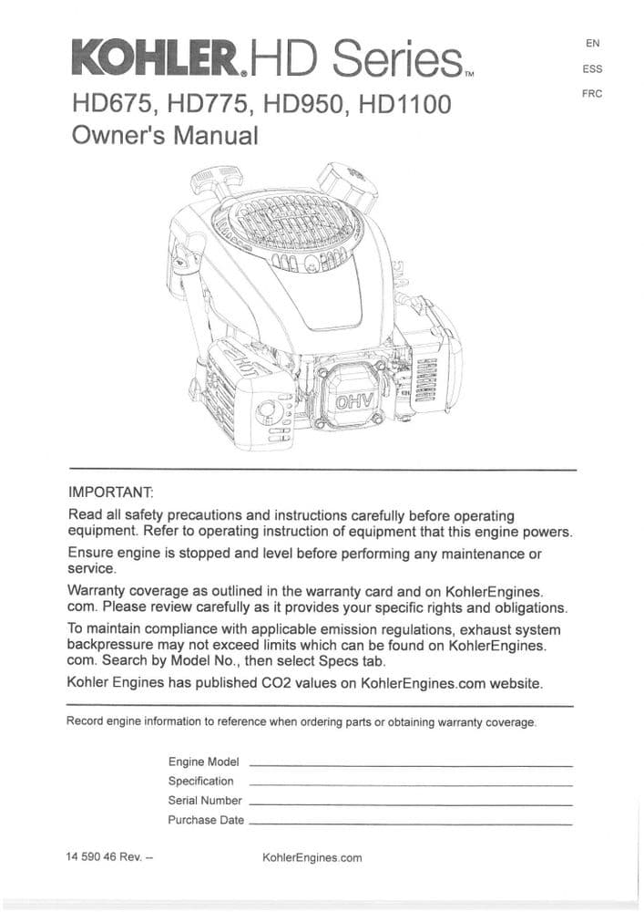 Kohler Engine HD675 HD775 HD950 HD110 Operators Manual