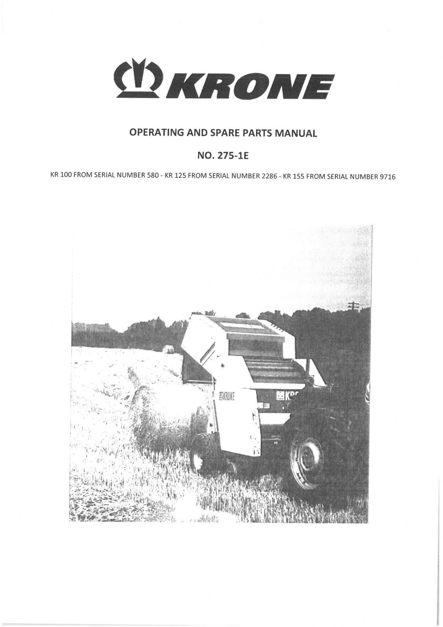 Krone Baler KR100 KR125 KR155 Operators Manual And Parts List - KR 100 ...