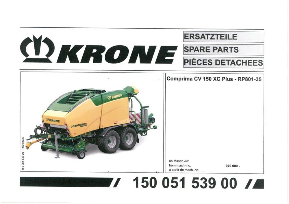 Krone Comprima Round Baler CV150XC Plus Parts Manual - 150