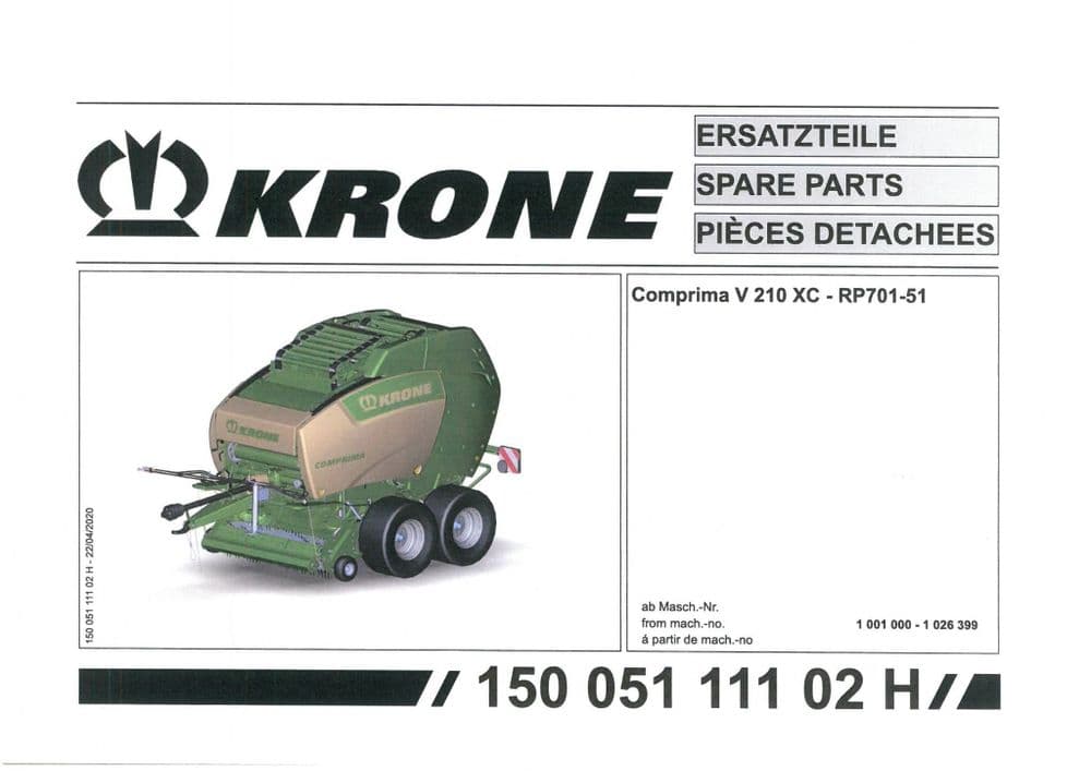 Krone Comprima Round Baler V 210 XC - Parts Manual