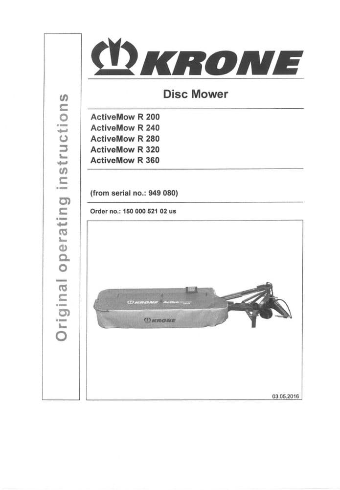 Krone Disc Mower Activemow R200 R240 R280 R320 R360 Operators Manual R ...