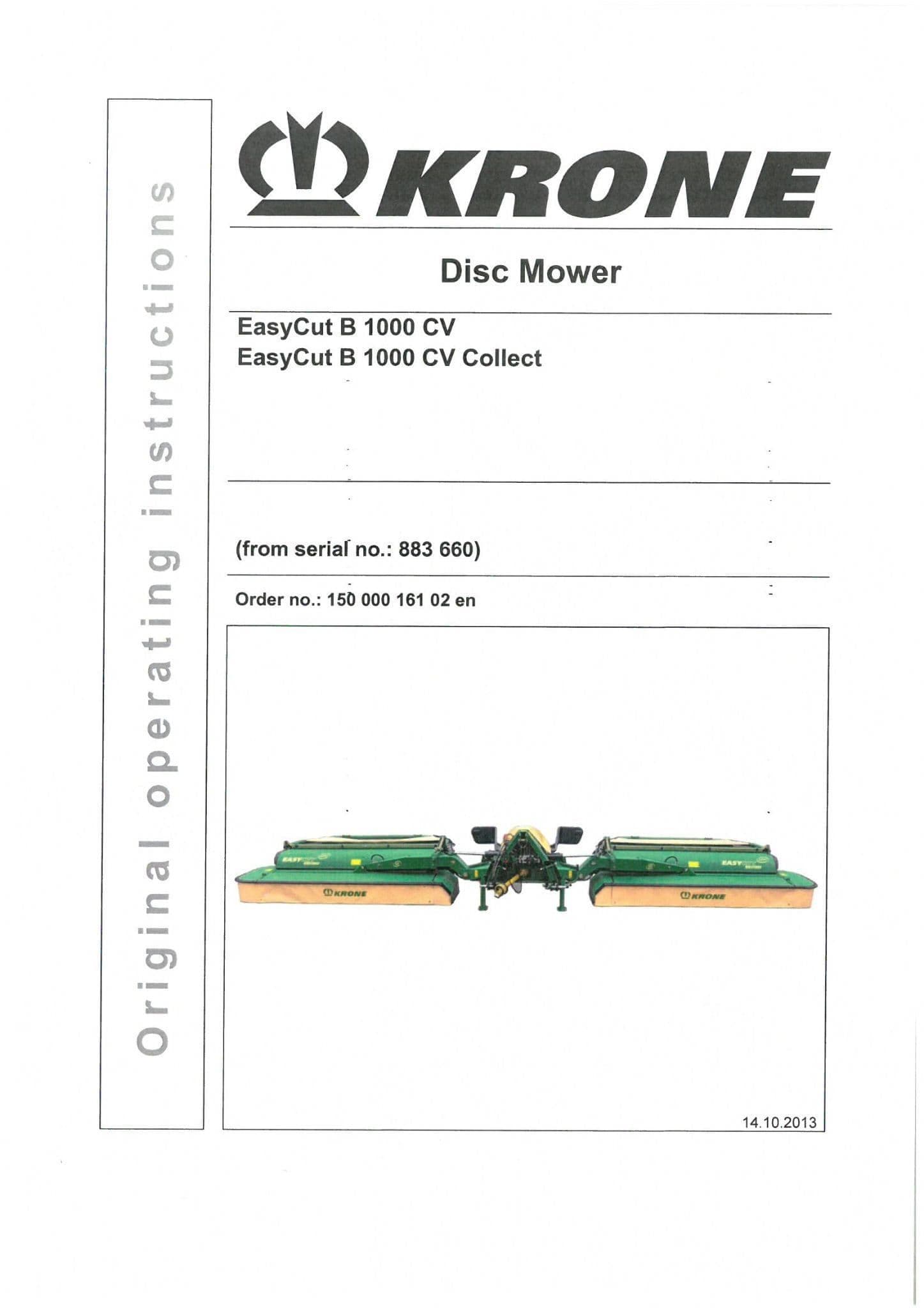 Krone Disc Mower EasyCut B1000CV B1000CV Collect Operators Manual B 1000 CV