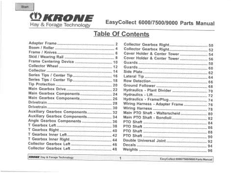 Krone Maize Header Easy Collect 6000 7500 9000 - Parts Manual